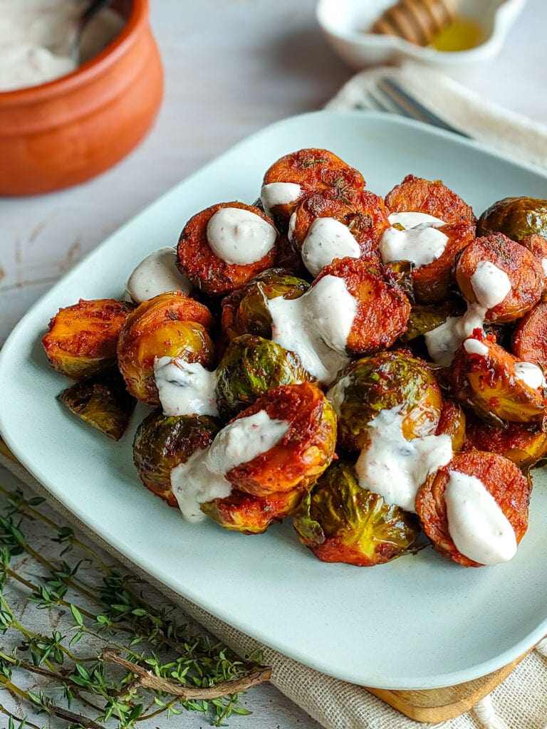 Roasted Marinated Brussels Sprouts With Yogurt Sauce - Go Healthy Ever ...